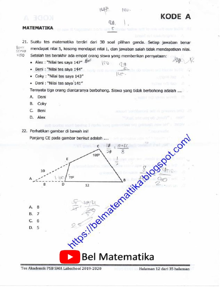 Soal Matematika Psb Sma Labschool Kode A 2019 2020 Pdf