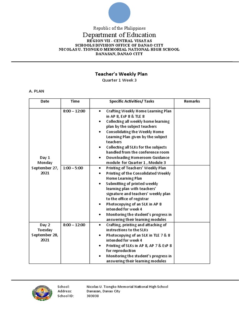 Department of Education: Teacher's Weekly Plan | PDF | Education Theory ...