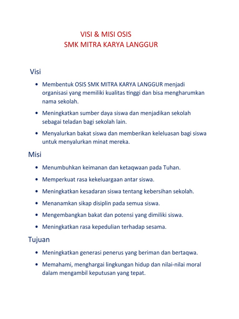 Visi Dan Misi Osis SMK Mitra Karya Langgur | PDF
