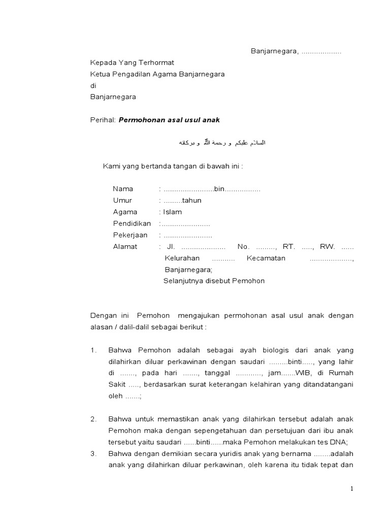Contoh Permohonan Asal Usul Anak | PDF