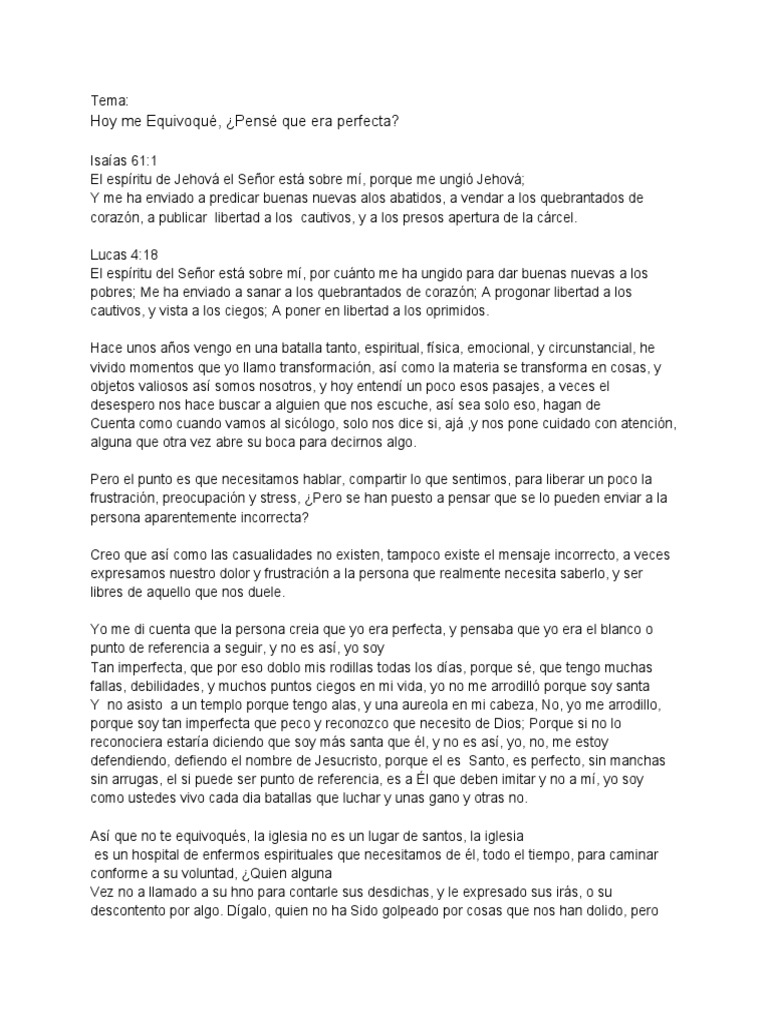 Hoy Me Equivoqué Pensé Que Era Perfecta | PDF