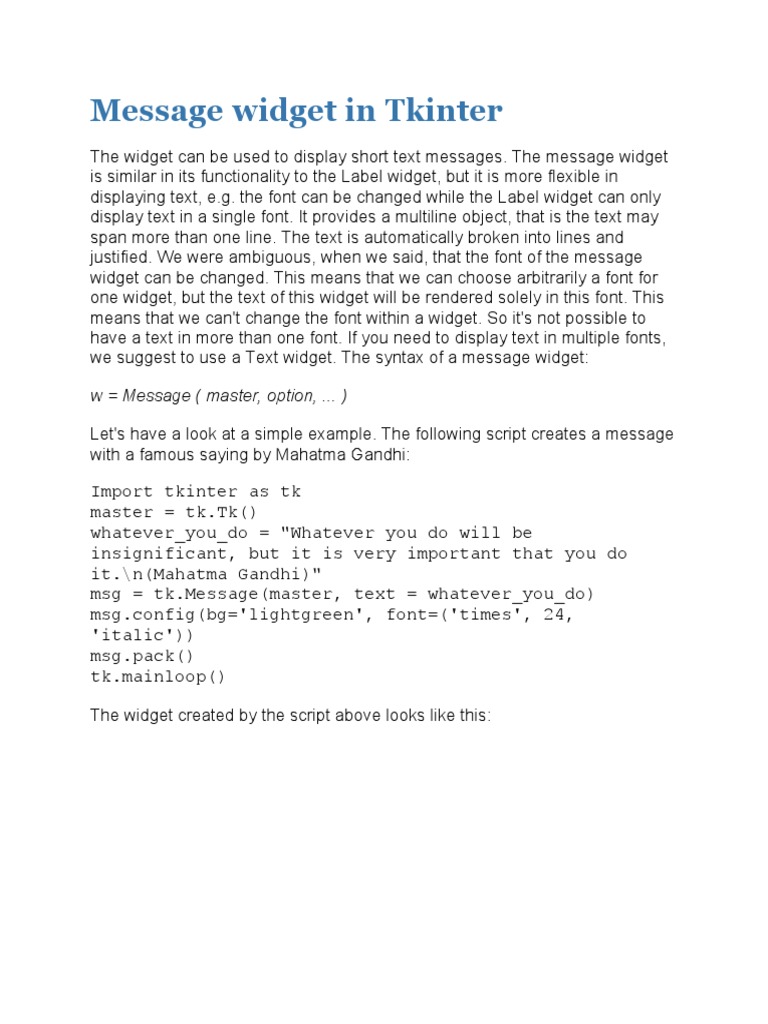 Message Widget in Tkinter: W Message (Master, Option, ... ) | PDF | Menu (Computing) | Graphical ...