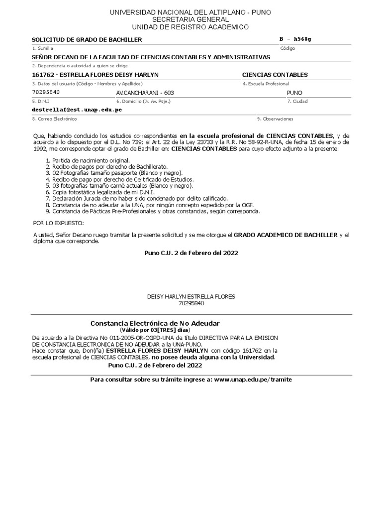 Solicitud de Bachiller - No Adeudar | PDF