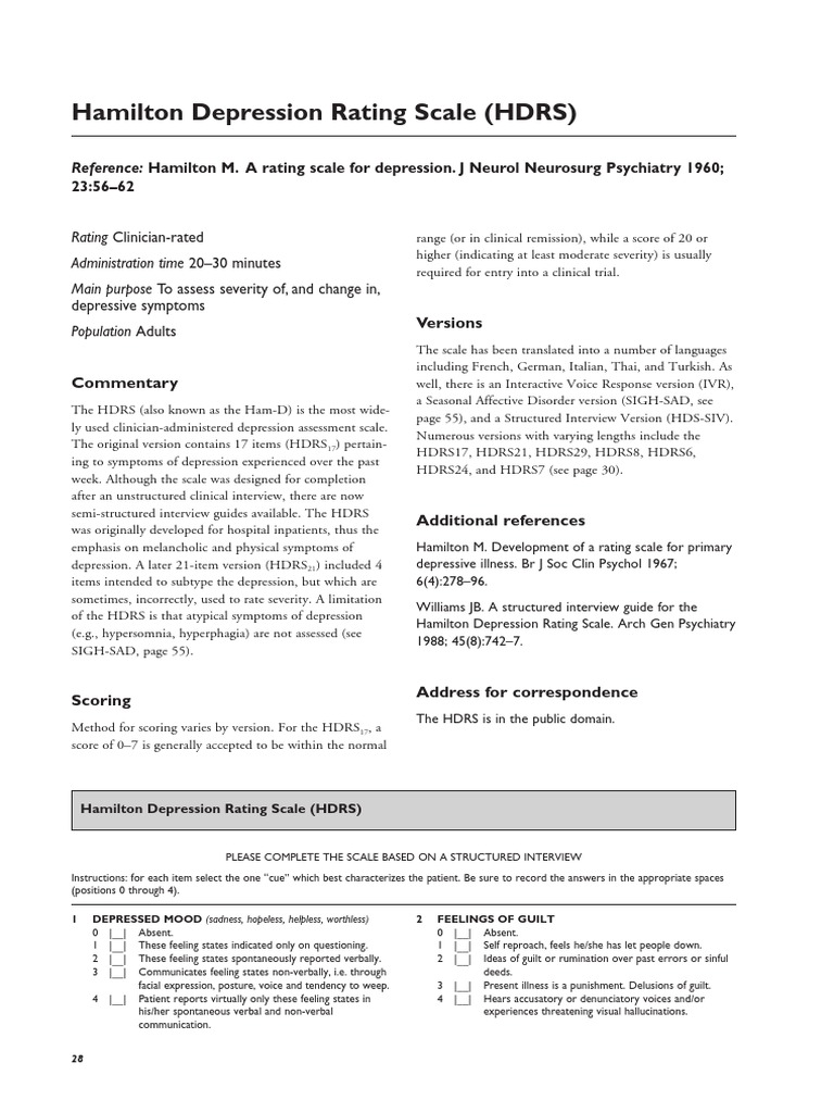 Hamilton Depression Rating Scale Overview | PDF