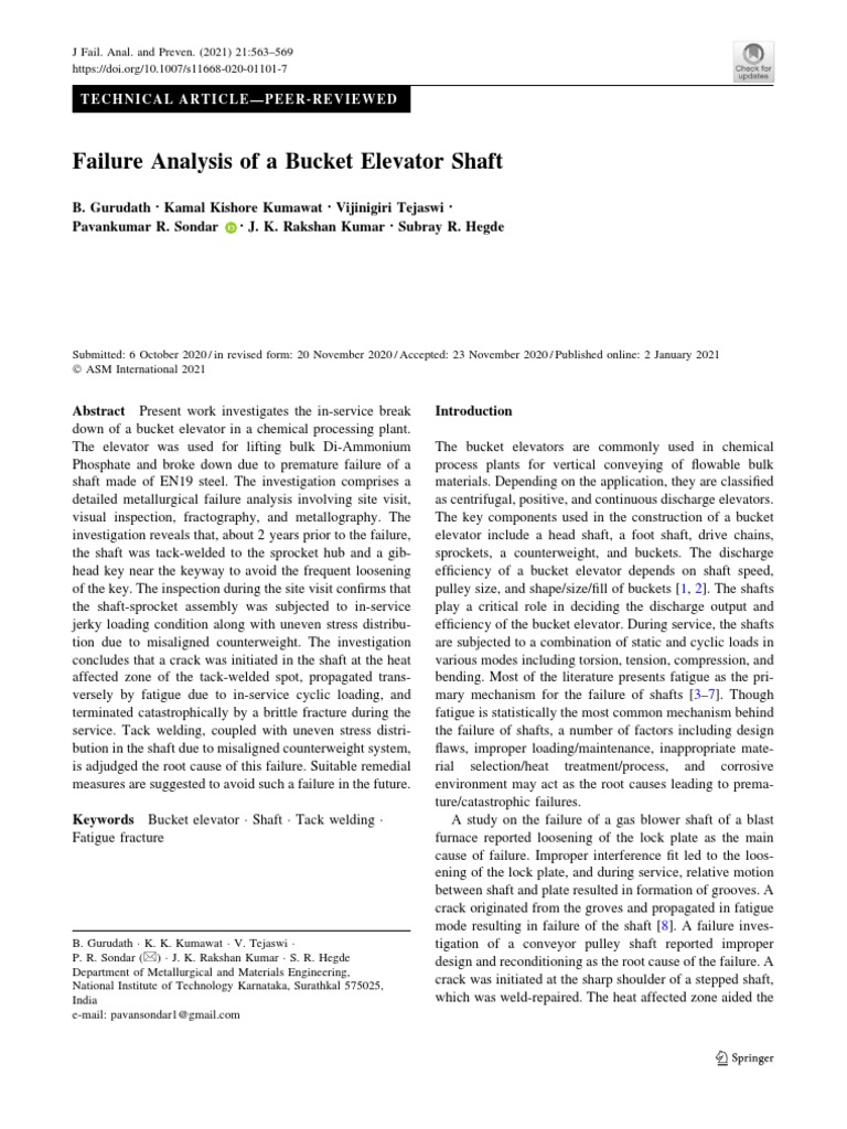 Failure Analysis of A Bucket Elevator Shaft: Technicalarticle-Peer ...