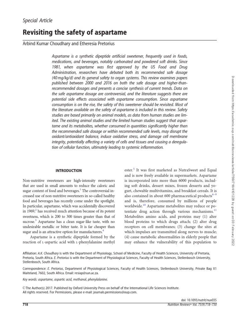 Revisiting The Safety of Aspartame: Special Article | PDF ...