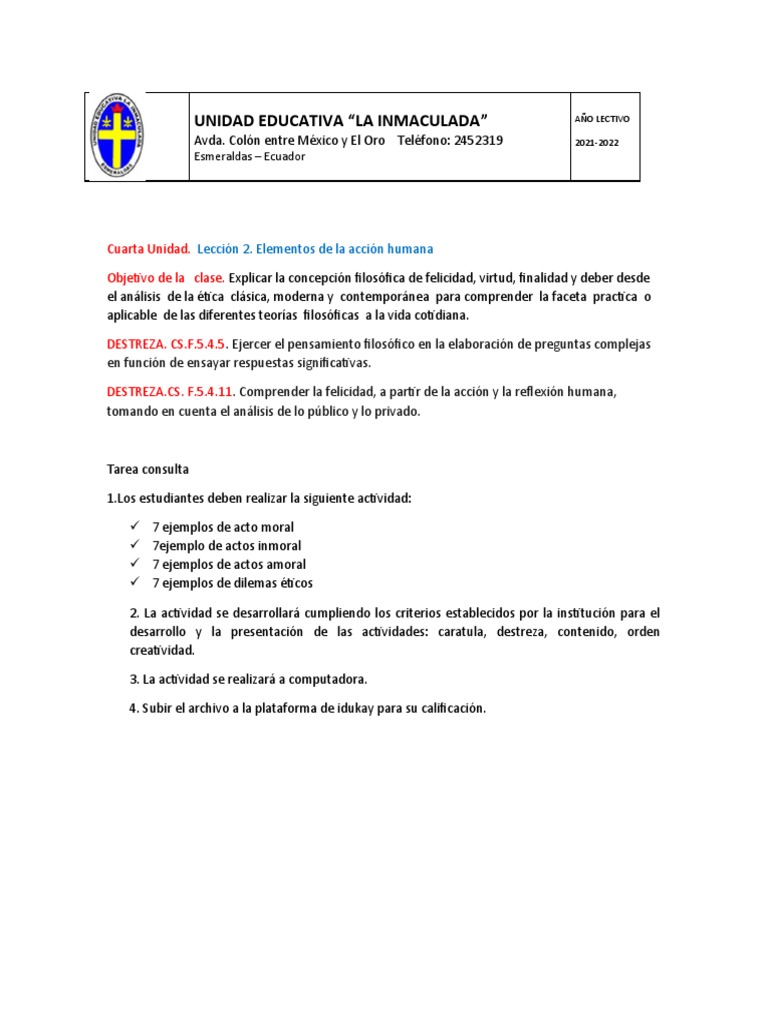 Tarea Sobre Las Acciones Humanas (Acto Moral, Acto Inmoral, Acto Amoral ...