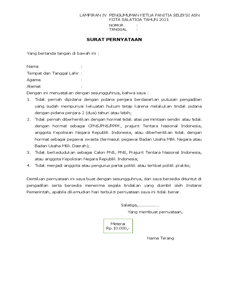 Lampiran IV Surat Pernyataan Berisi 4 Pernyataan PPPK | PDF
