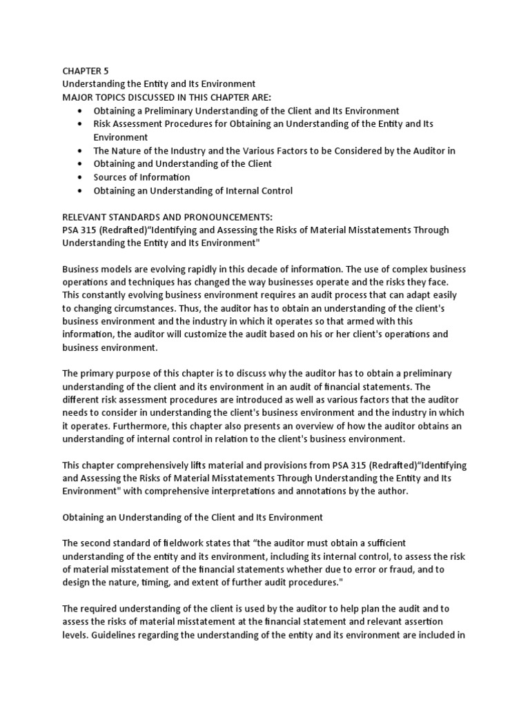 Understanding The Entity and Its Environment | PDF | Internal Control | Audit