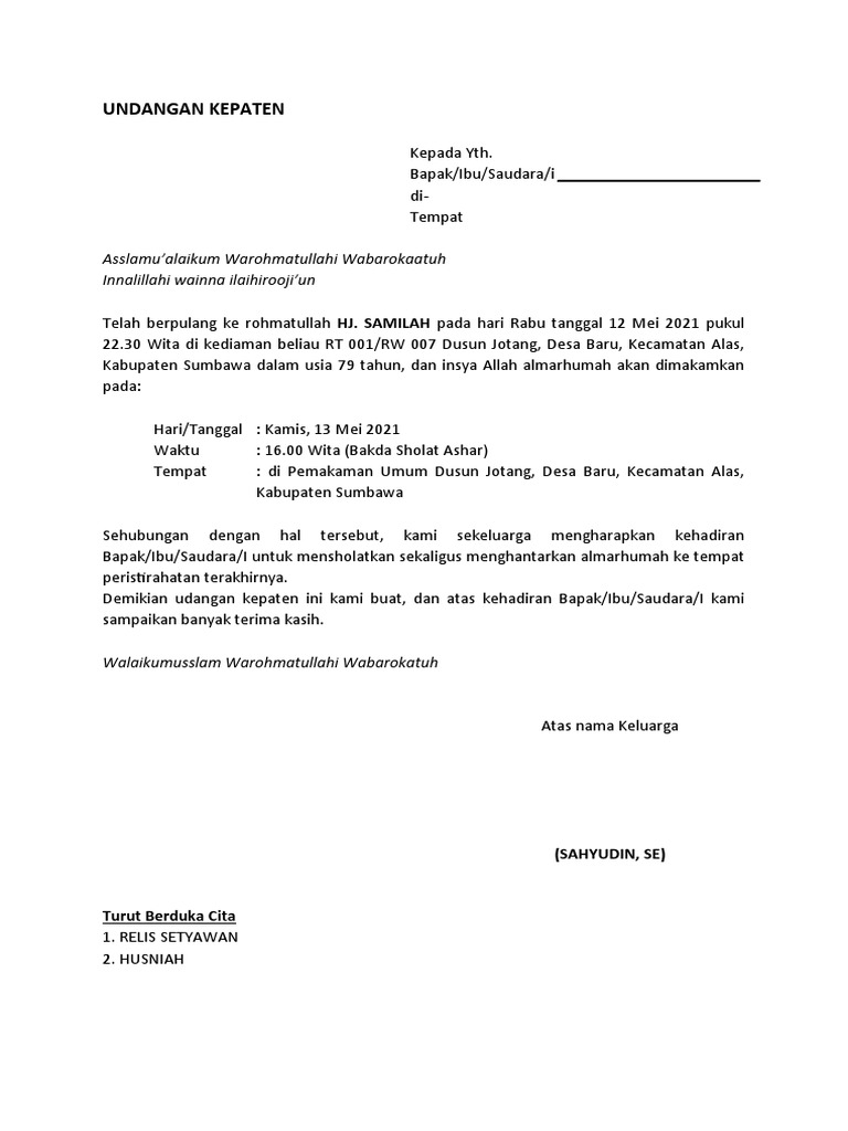 Undangan Kepaten HJ. SAMILAH | PDF