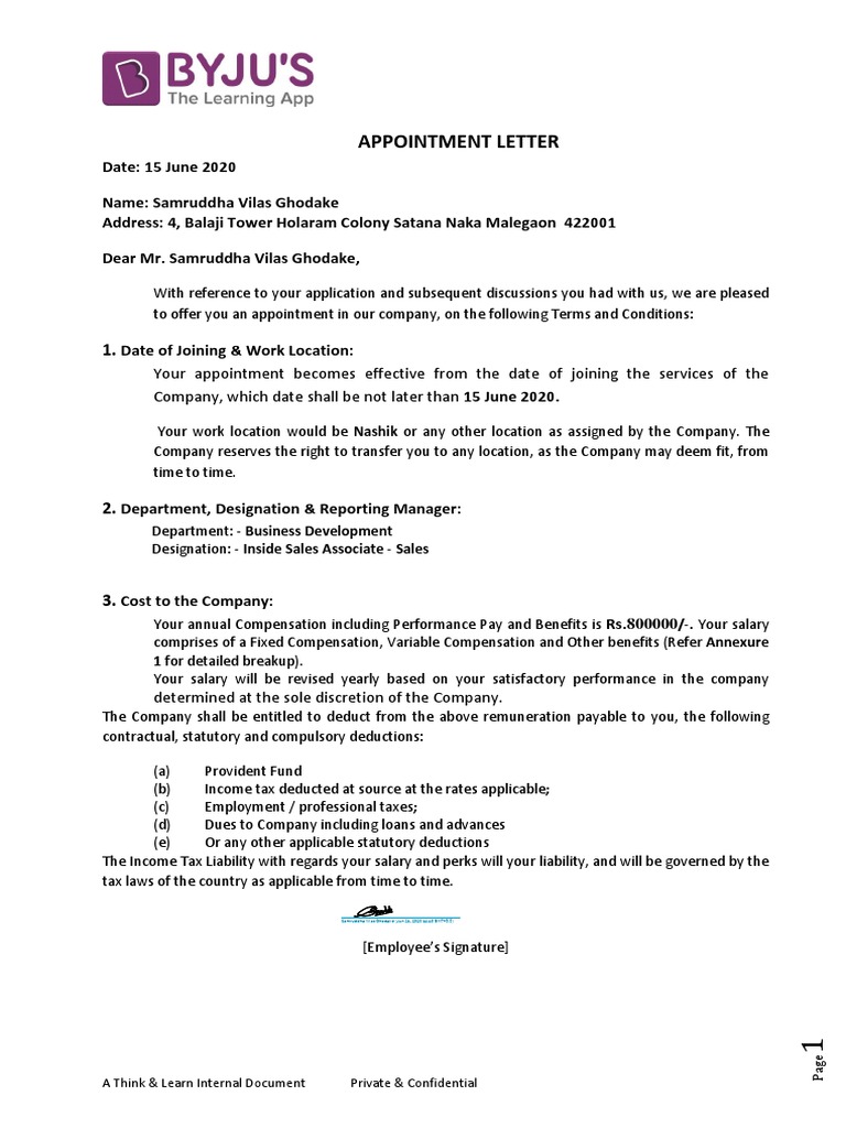 TNL21836730 - Samruddha Vilas Ghodake - Byjus - Appointment Letter ...