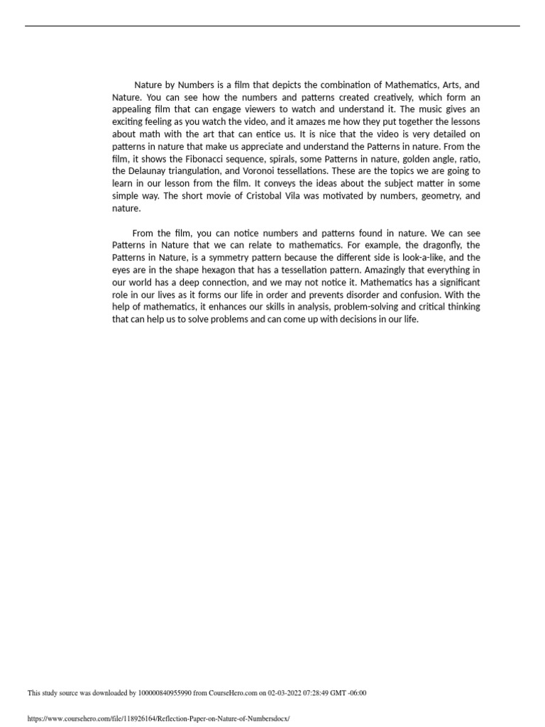Reflection Paper On Nature of Numbers | PDF | Mathematics | Pattern