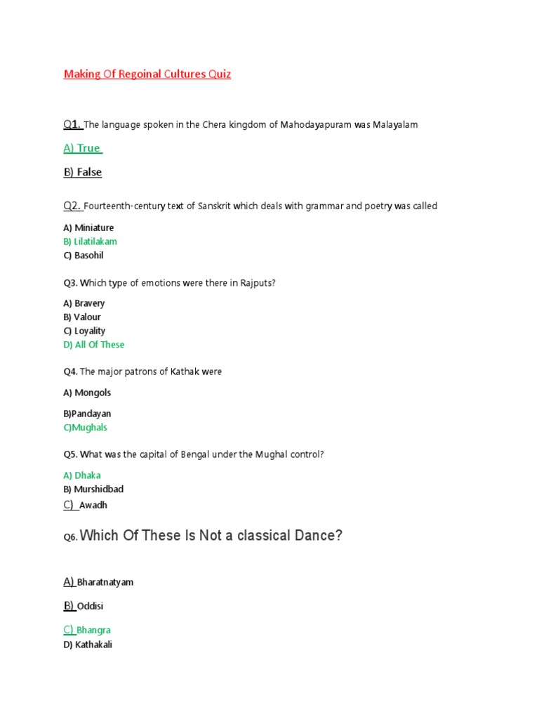 Regional Cultures Quiz: Test Your Knowledge | PDF