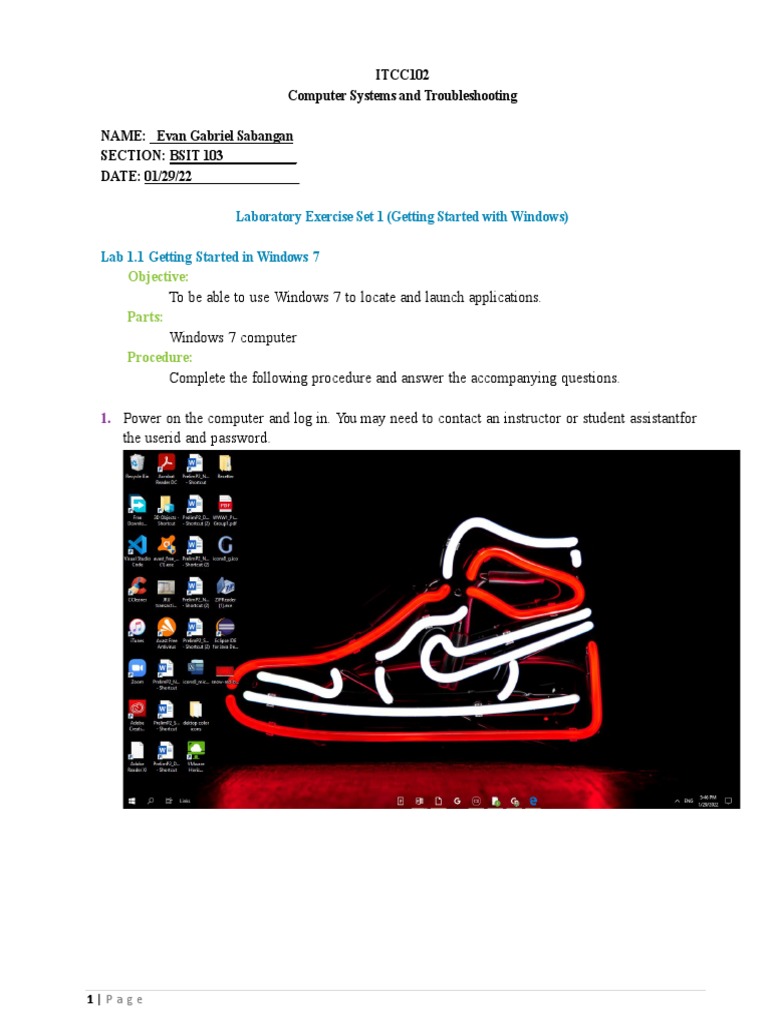 Laboratory Exercise Set 1 (Getting Started With Windows) Lab 1.1 Getting Started in Windows 7 ...