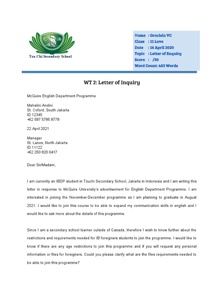 WT 2: Letter of Inquiry: Tzu Chi Secondary School | PDF