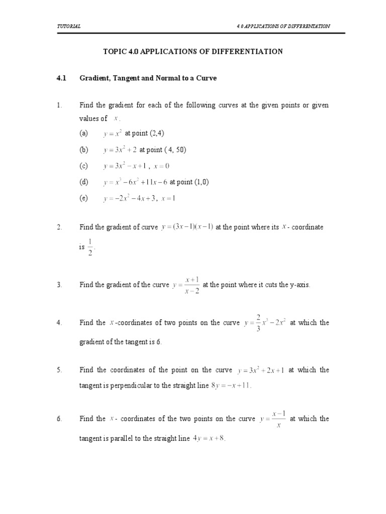 4.0 Application of Differentiation | PDF | Tangent | Area