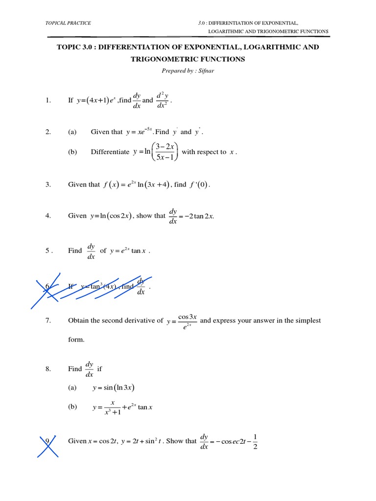Differentiation Of Exponential Logarithmic And Trigonometric Functions