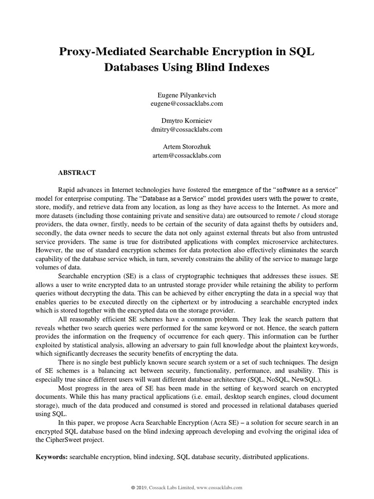 Proxy-Mediated Searchable Encryption in SQL Databases Using Blind Indexes | PDF | Key ...