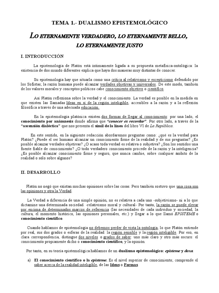Tema 1. - Dualismo Epistemológico | PDF | Platón | Conocimiento