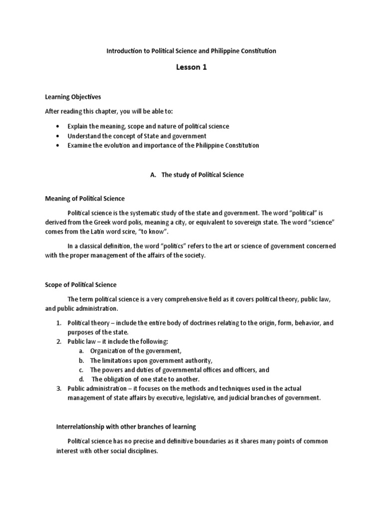 Lesson 1: Introduction To Political Science and Philippine Constitution ...