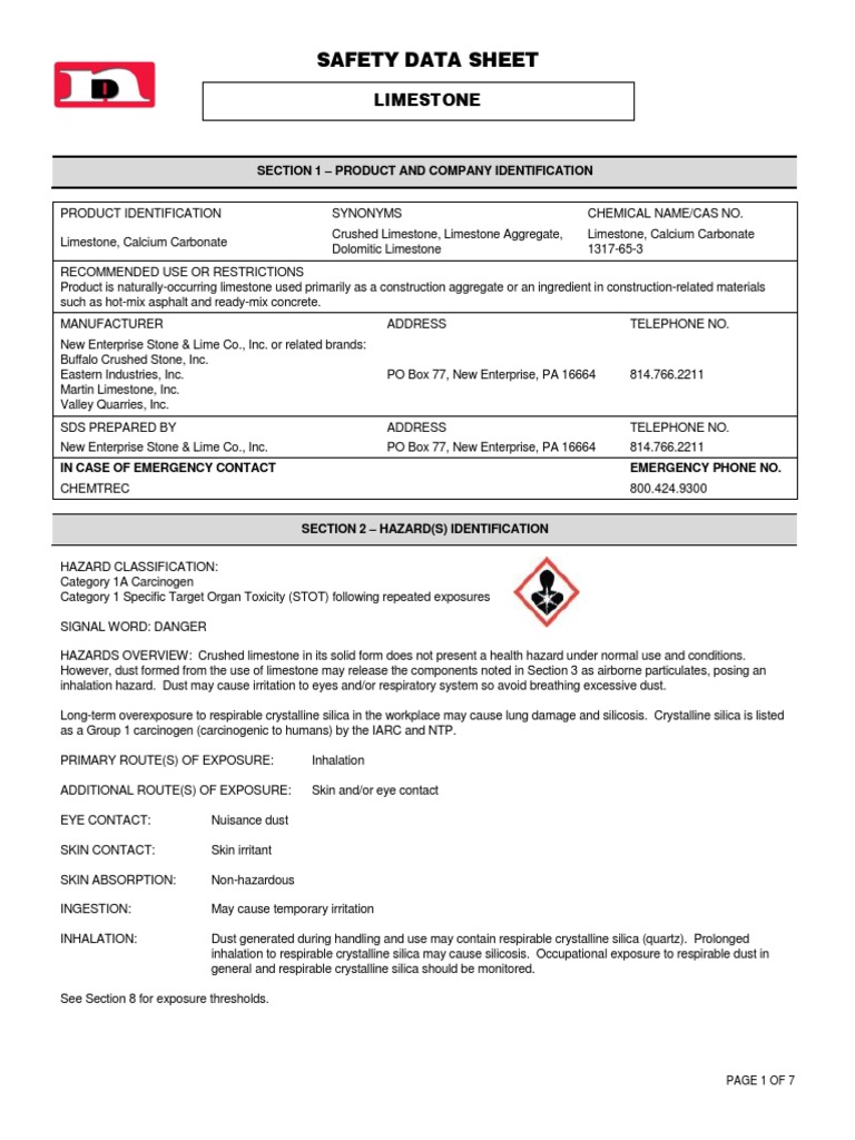 Safety Data Sheet: Limestone | PDF | Silicon Dioxide | Labor Relations