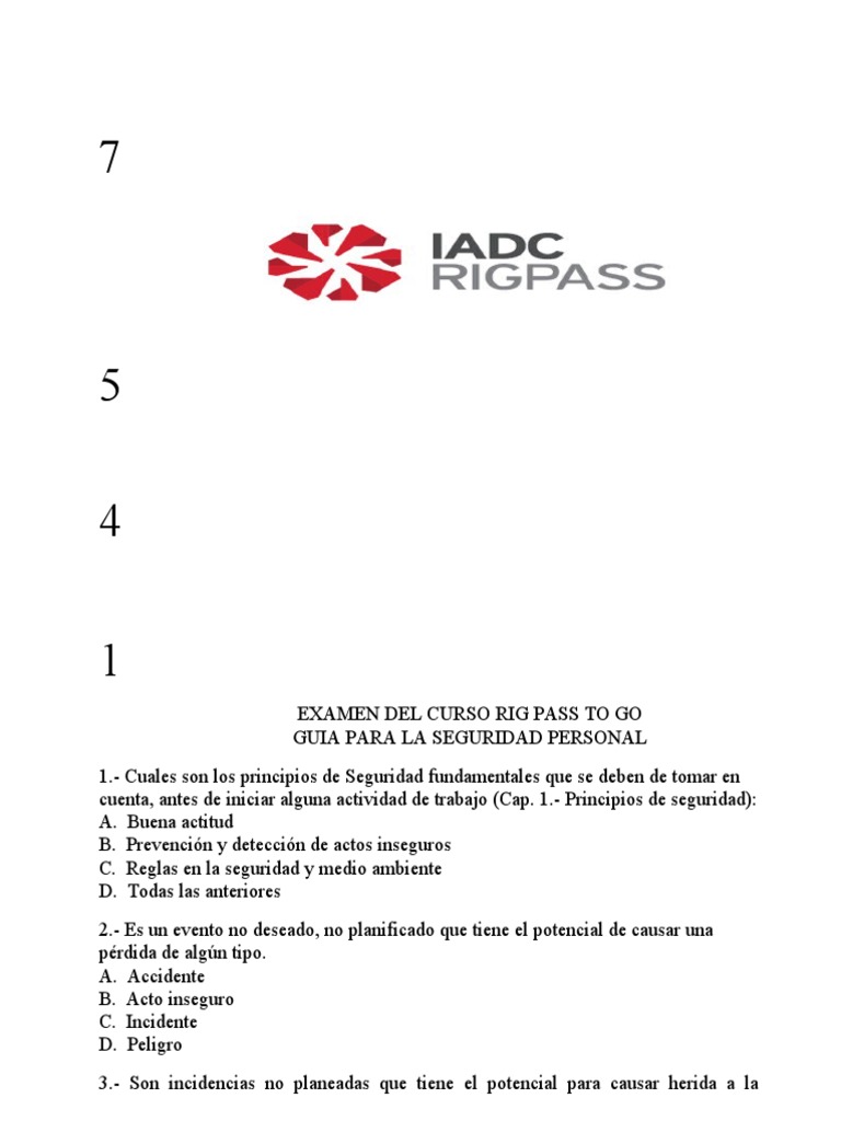 Guía seguridad personal examen curso RIG PASS TO GO | PDF