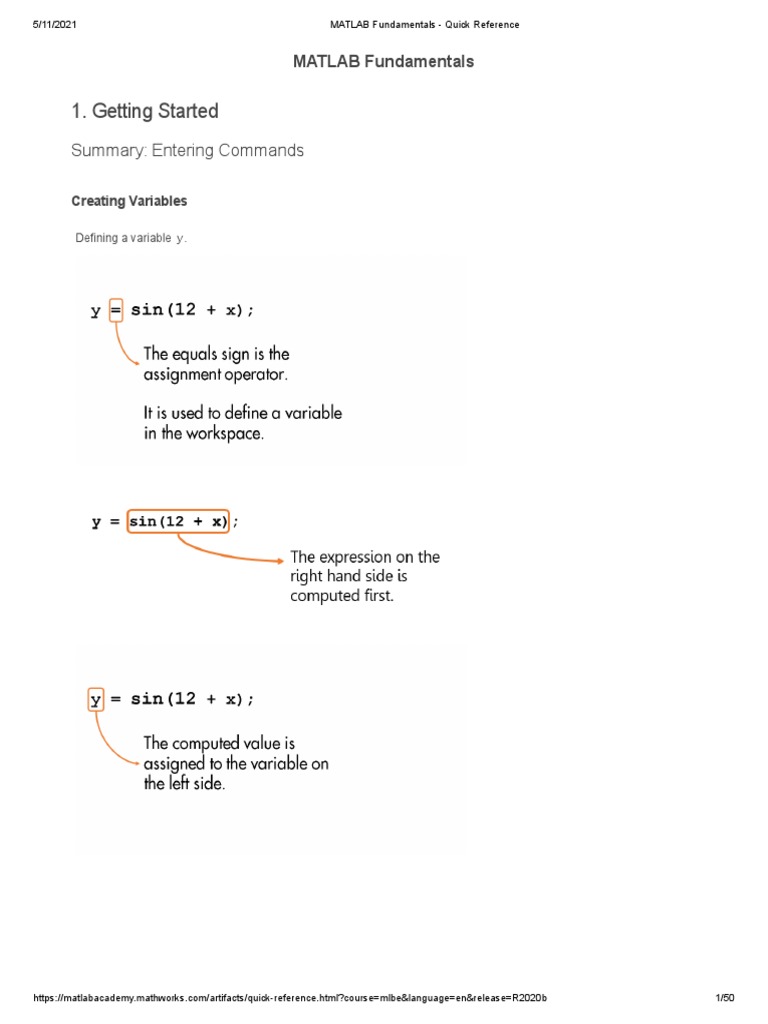 MATLAB Fundamentals Quick Reference | PDF | Matrix (Mathematics) | Array Data Structure