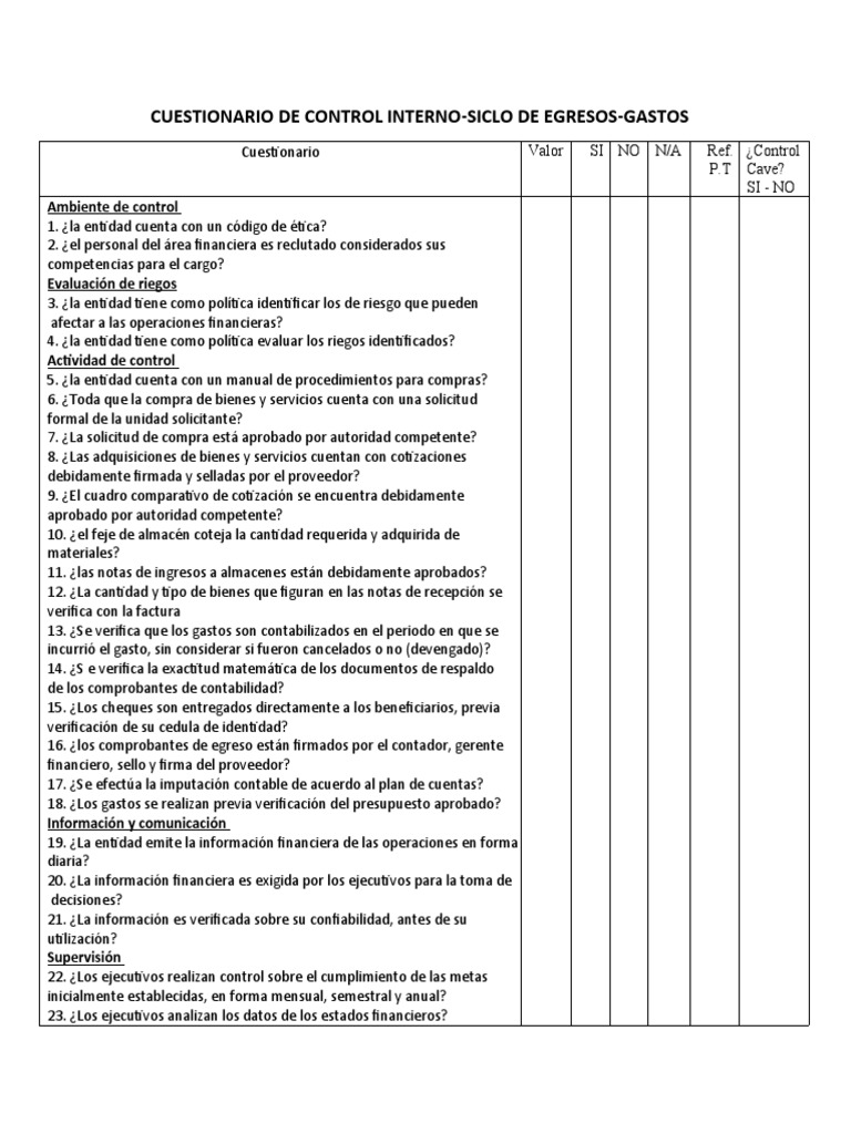Cuestionario de control interno para el ciclo de egresos | PDF ...