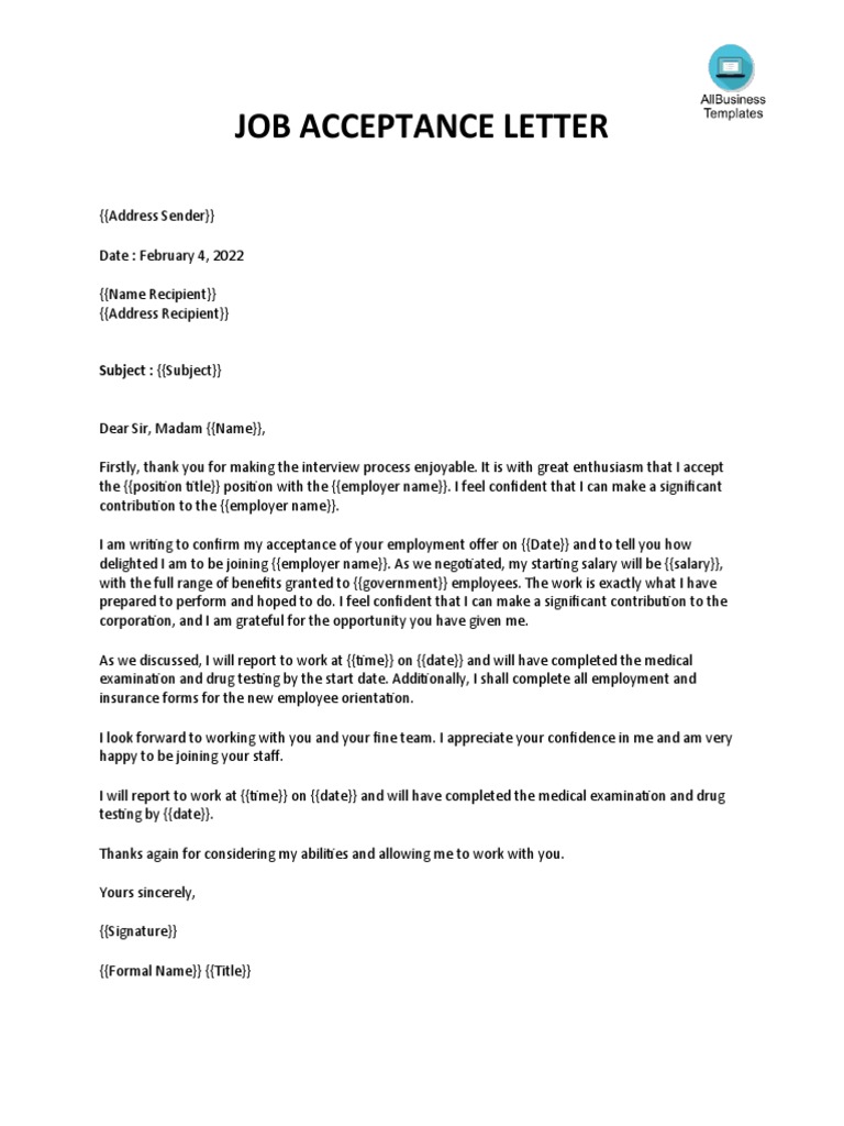 Formal Acceptance Of Job Offer