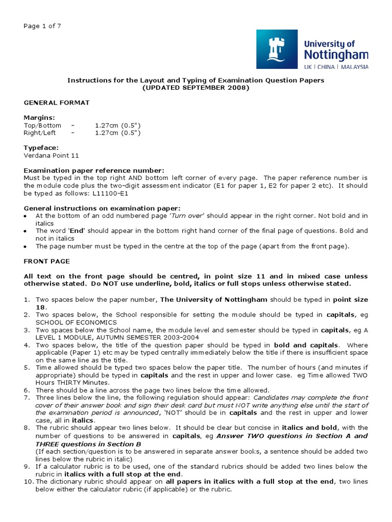 Instructions For Layout of Exam Papers | PDF | Writing
