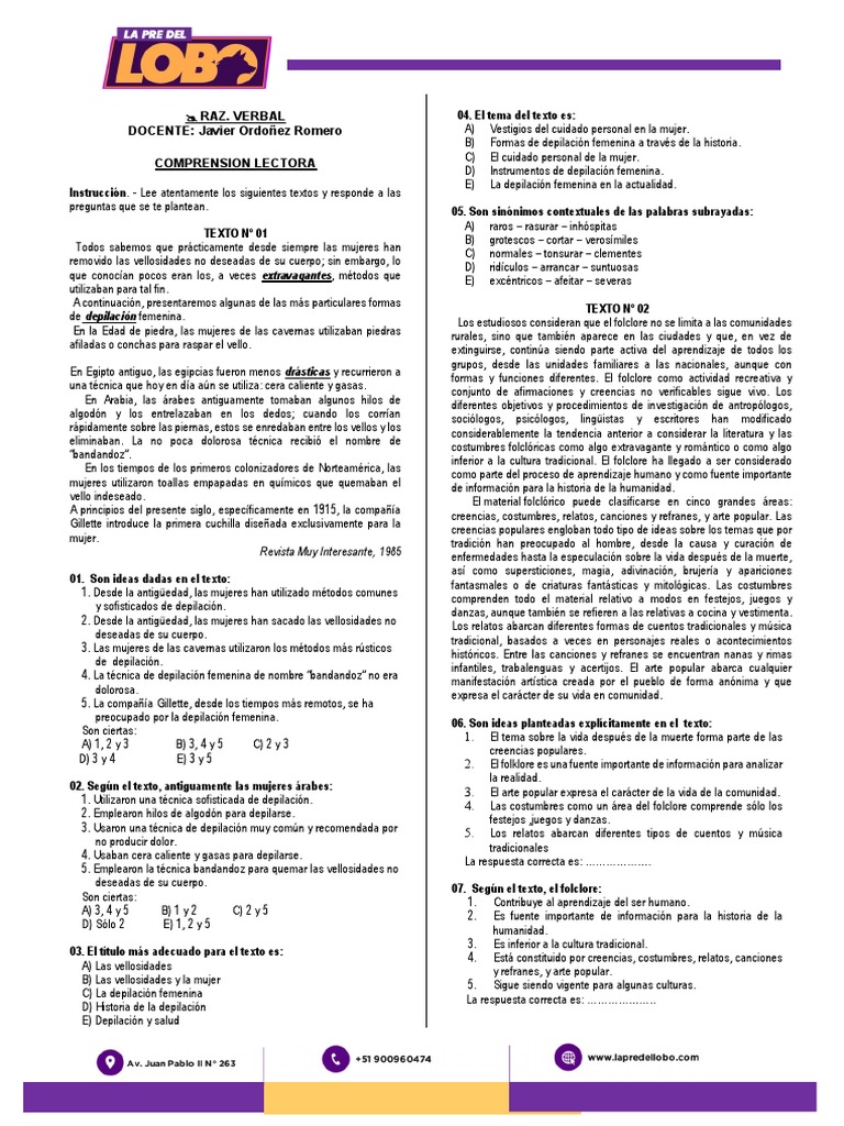 Practica Comprension Lectora | PDF | Folklore | Depilación