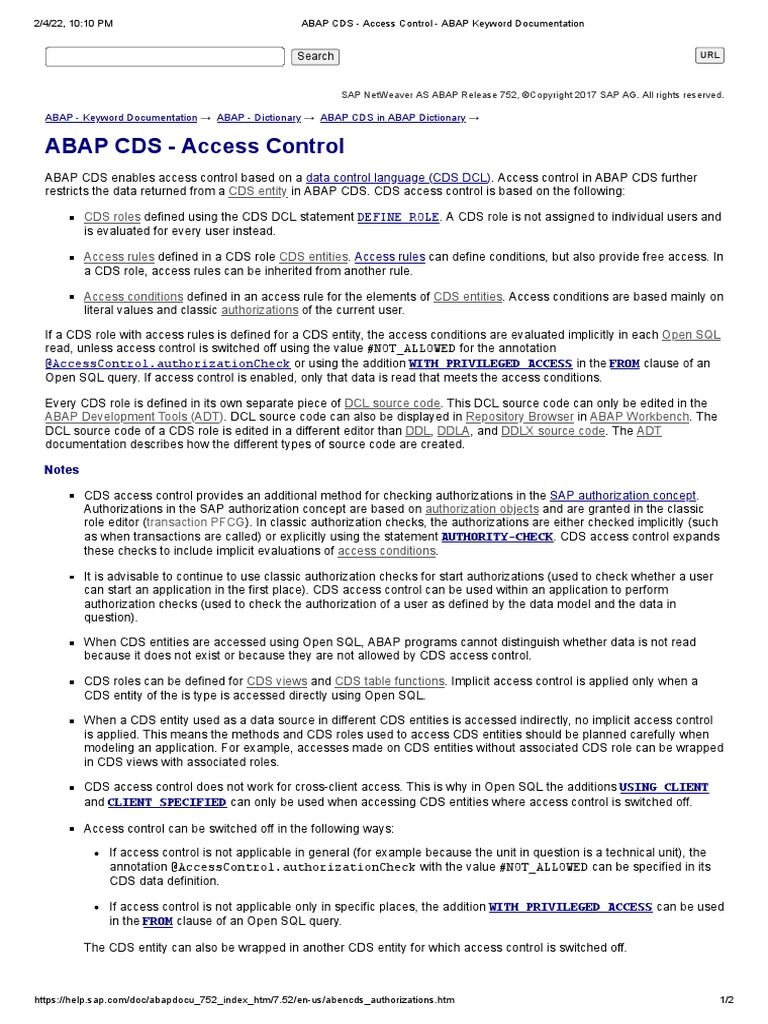 Abap Cds Access Control Abap Keyword Documentation Pdf Computer Programming 