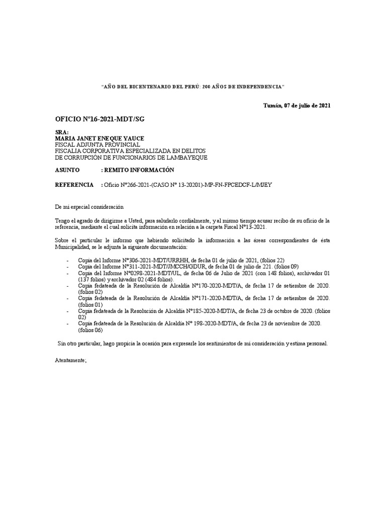 Oficio N°016-2021 Ministerio Público Delito de Corrupcion de ...