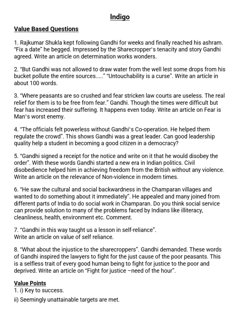 Indigo: Value Based Questions | PDF | Mahatma Gandhi