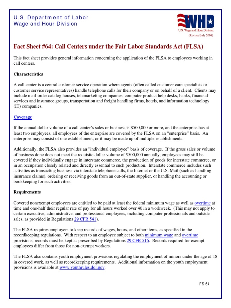 Fact Sheet #64: Call Centers Under The Fair Labor Standards Act (FLSA ...