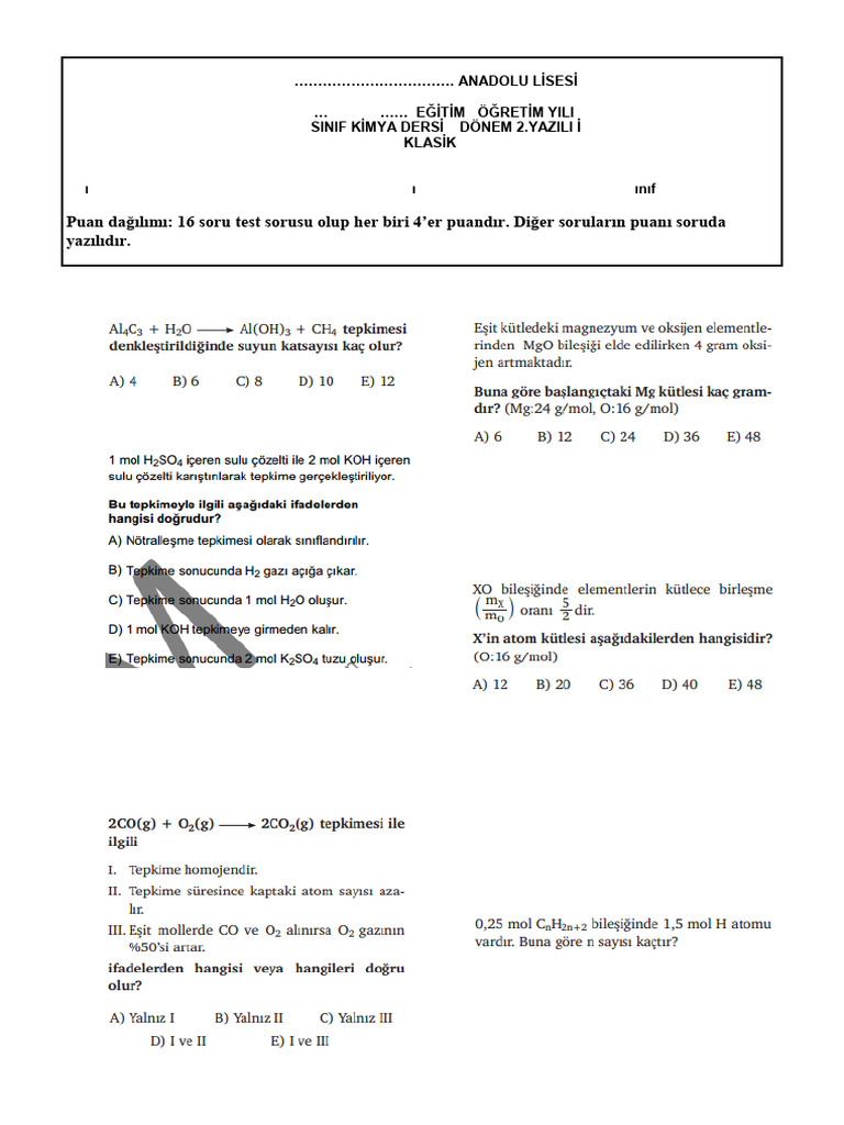 10.sinif Ki̇mya 1.dönem 2.yazili Sorular (Klasi̇k 4) | PDF