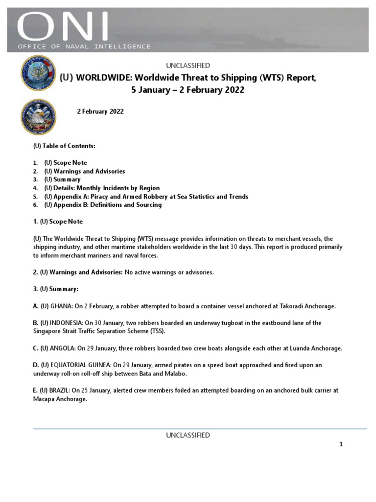 U.S. Navy Office of Naval Intelligence Worldwide Threat To Shipping ...