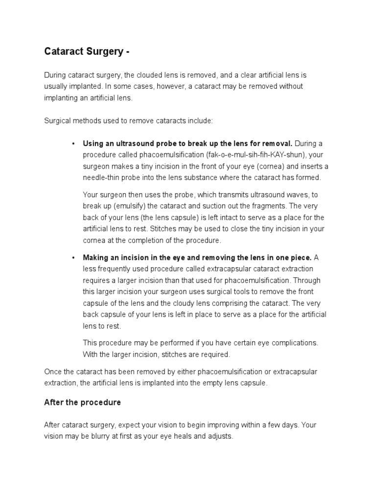 Cataract Surgery - : After The Procedure | PDF | Glaucoma | Cornea