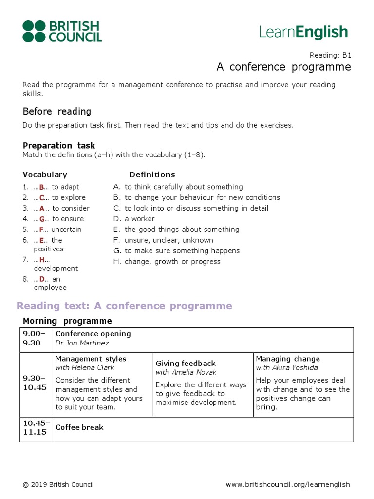 LearnEnglish Reading B1 A Conference Programme 1A | PDF | Art | Self ...