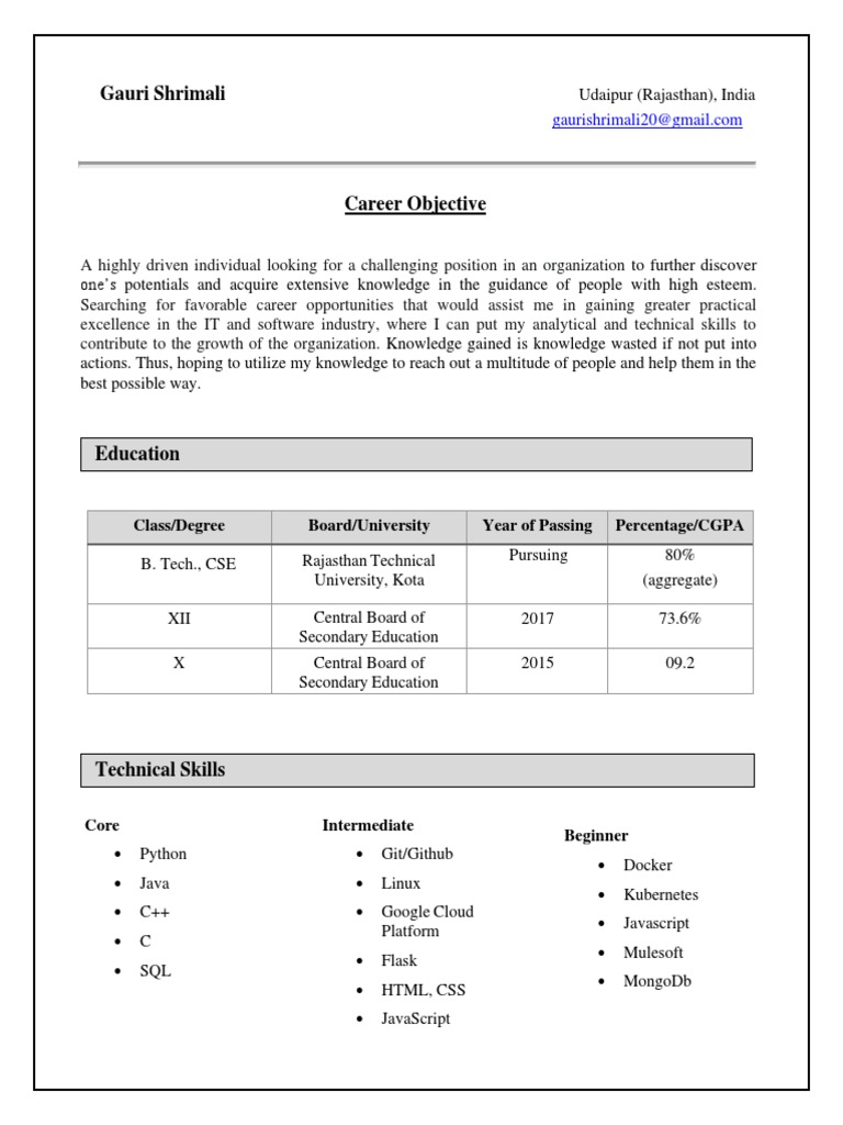 Gauri Shrimali Resume It Software Career Pdf Computer Programming