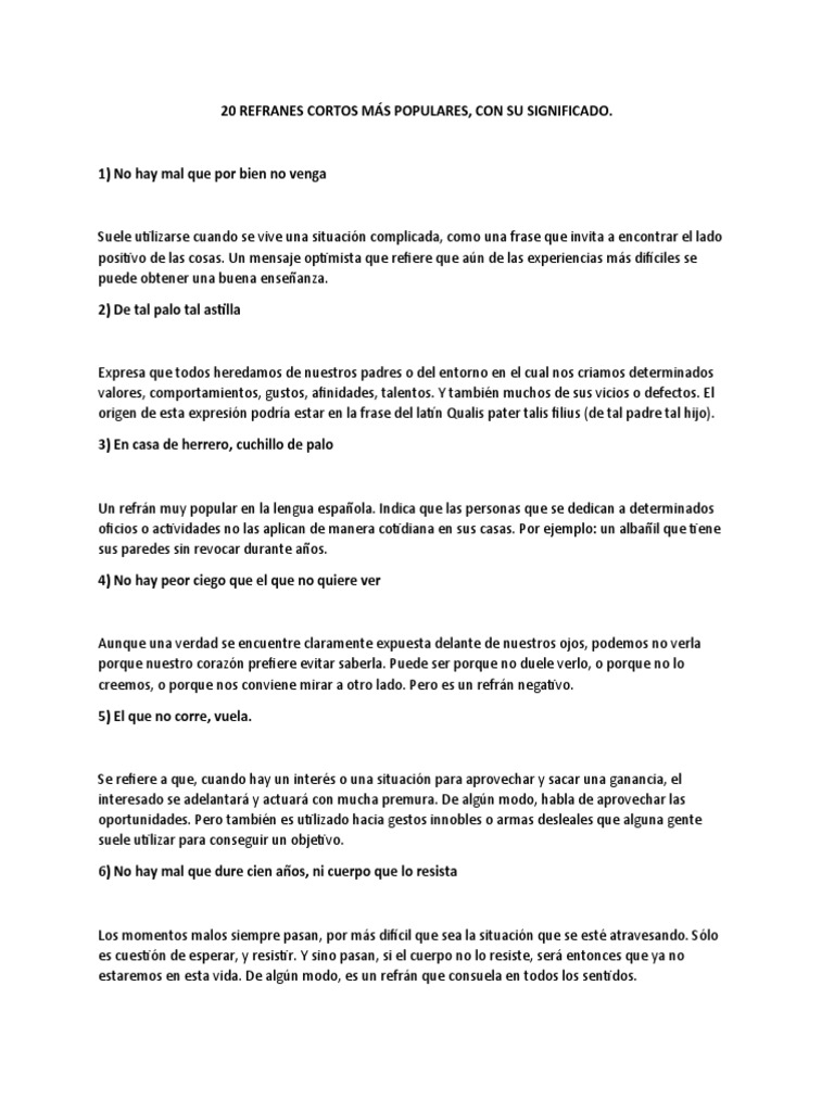 20 Refranes Cortos Más Populares | PDF | Amor
