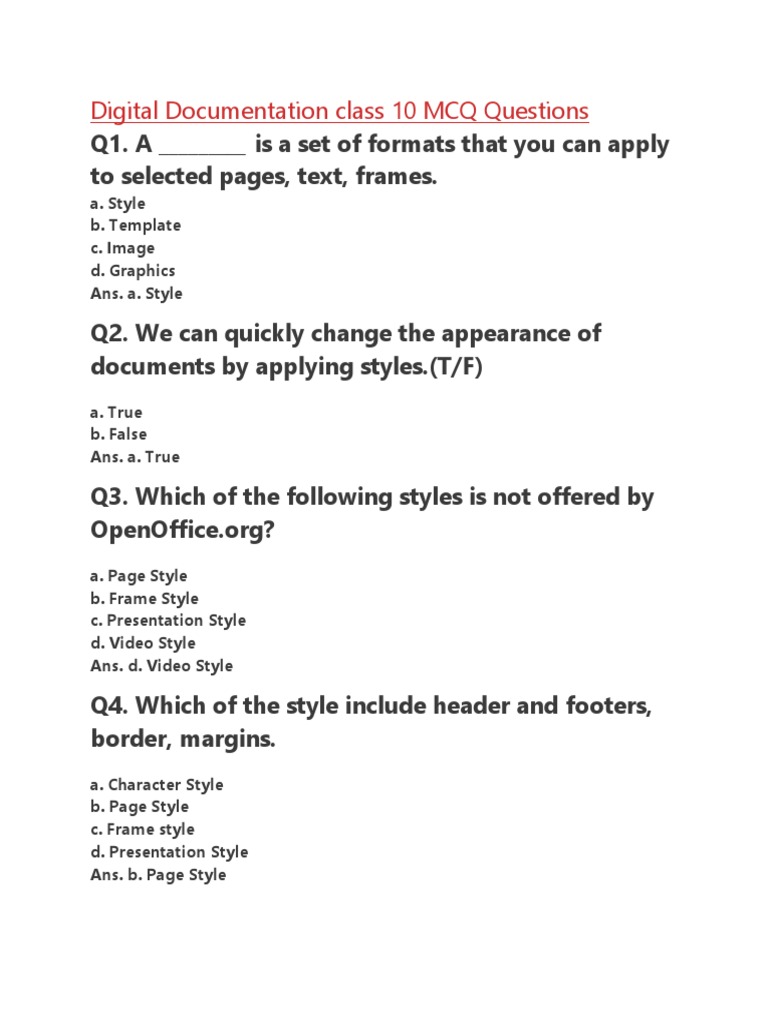 Digital Documentation Class 10 MCQ Questions | PDF | System Software | Computing