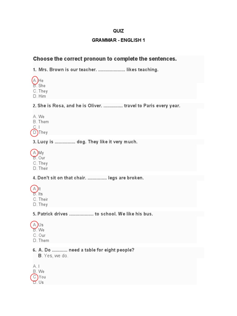 Quiz Grammar Pronouns | PDF | Language Arts & Discipline