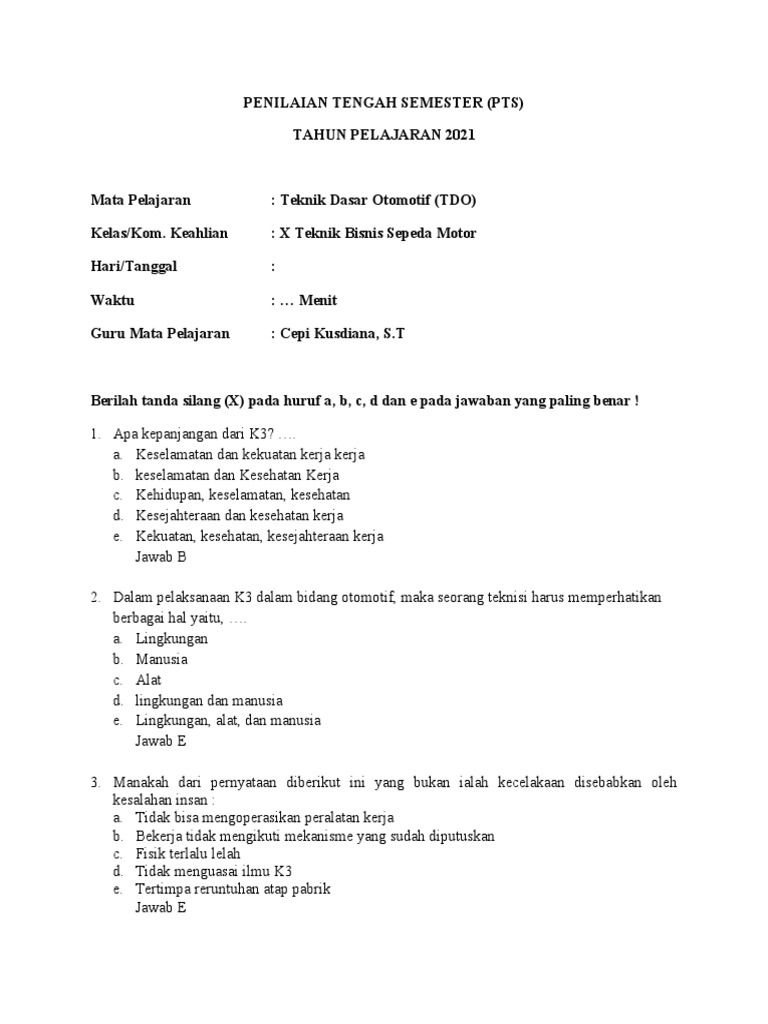 Soal PTS Ganjil Tdo X TBSM (Cepi Kusdiana) | PDF