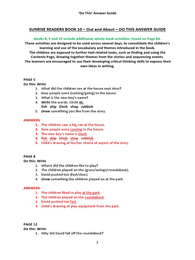 Sunrise Readers Book 10 Answer Guide | PDF | Books | Vocabulary