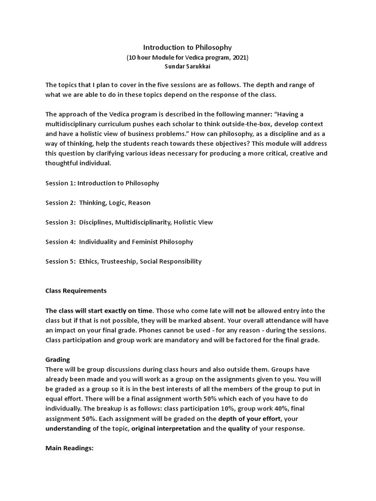 Introduction To Philosophy: (10 Hour Module For Vedica Program, 2021 ...