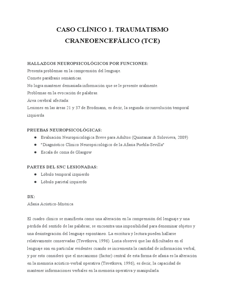 Caso Clinico Tce | PDF | Afasia | Lóbulo temporal