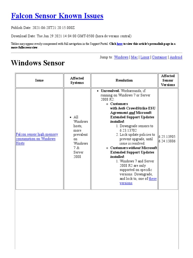 Falcon Sensor Known Issues | PDF | Microsoft Windows | Mac Os