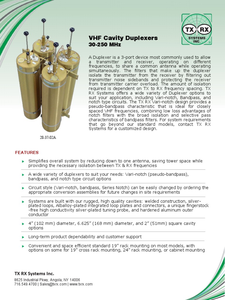 VHF Cavity Duplexers: TX RX Systems Inc | PDF | Transmitter | Radio