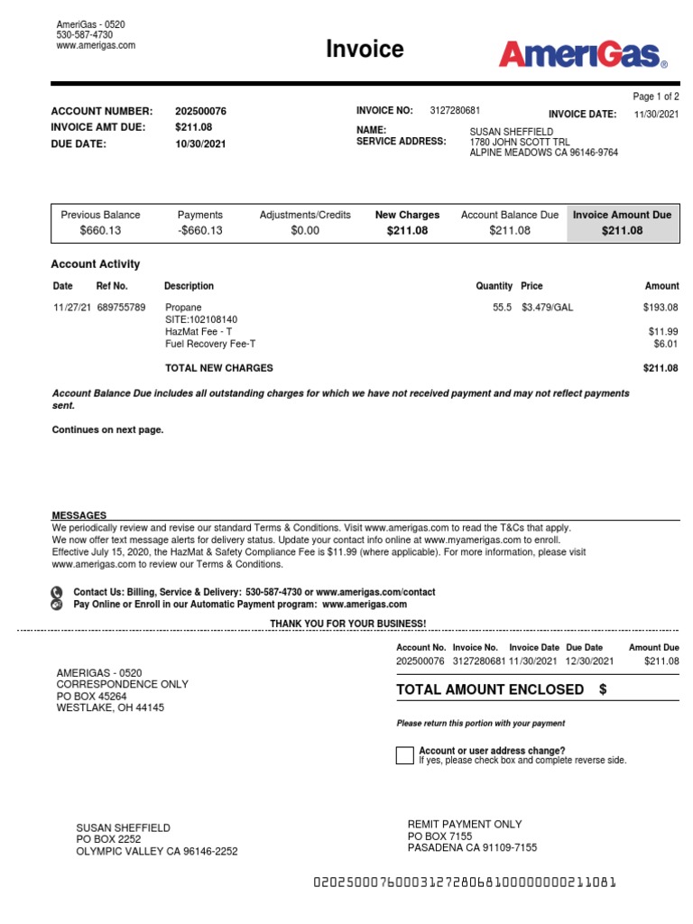 Propane Delivery Invoice for Susan Sheffield Detailing Charges and ...